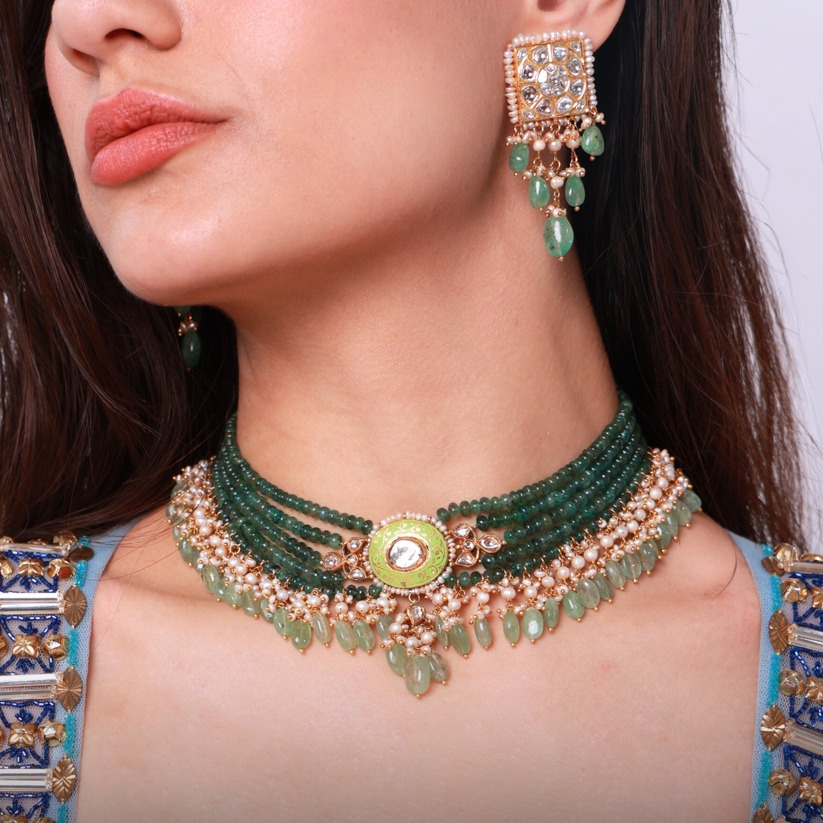 Rashi Bead Choker And Damini Tops Polki Set – Tyaani Jewellery Private ...